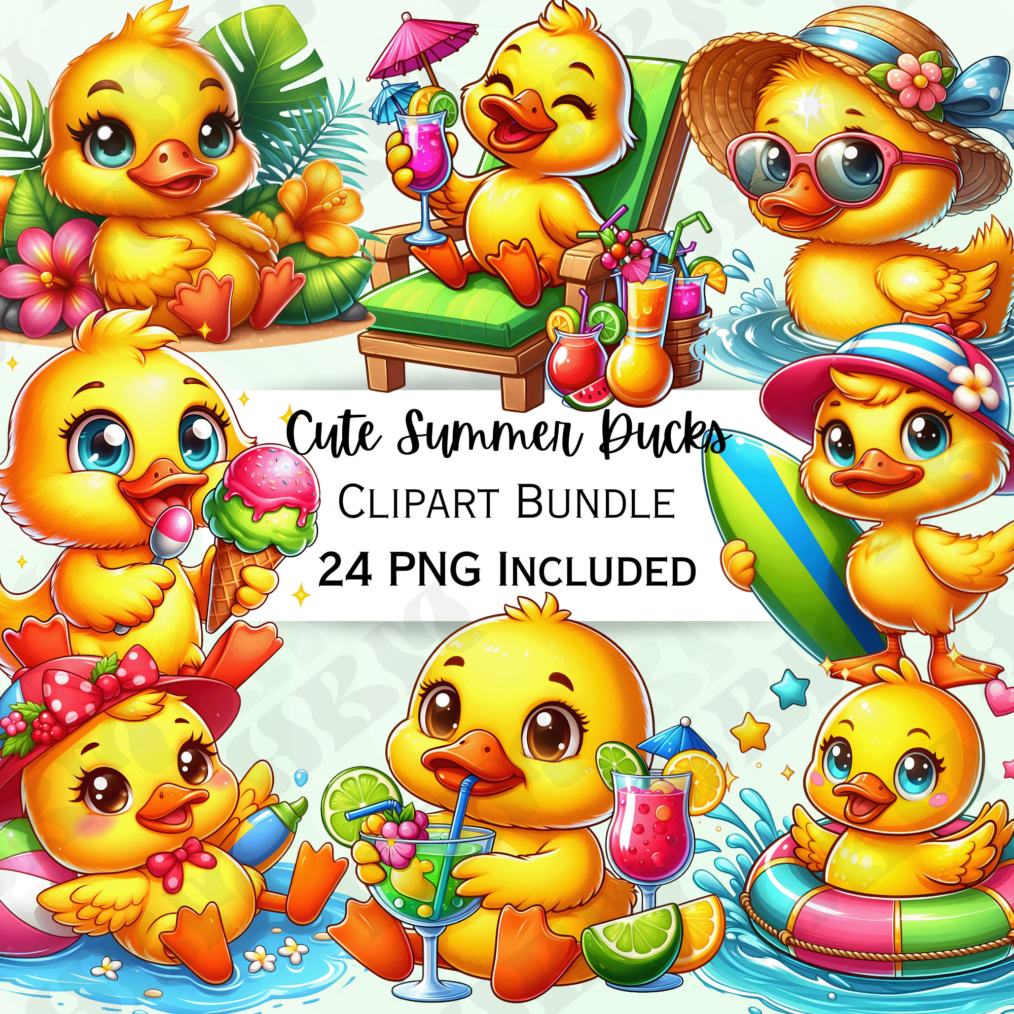 Summer Yellow Ducks Cartoon Clipart Bundle, Cute Bird Stickers ...