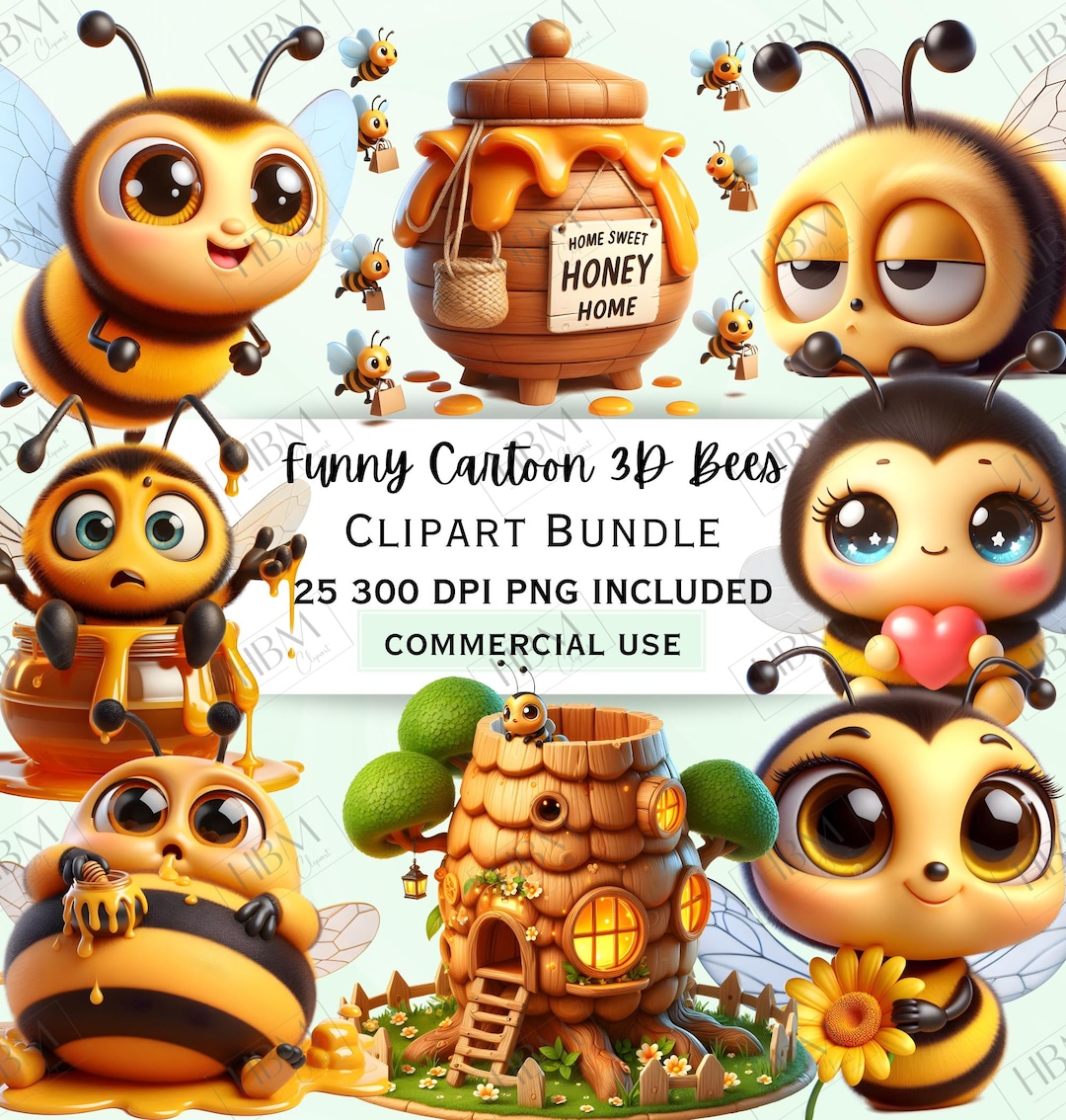 Funny Cartoon 3D Bees Clipart Bundle, Sweet Insect Creatures, Whimsical ...