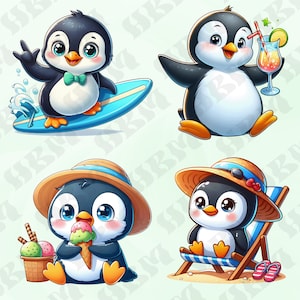 Cute Cartoon Summer Penguin Clipart Bundle, Surf Nursery Decor, Beach ...