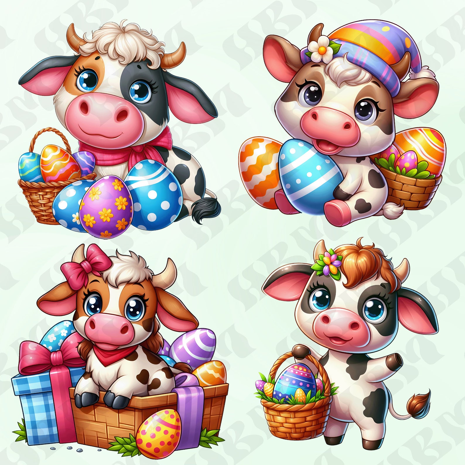 24 Cute Easter Cows Clipart Bundle, Cattle Stickers, Adorable Baby Wall ...