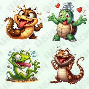 Cute Funny Cartoon Reptiles Clipart Bundle, Bee Sticker, Adorable ...