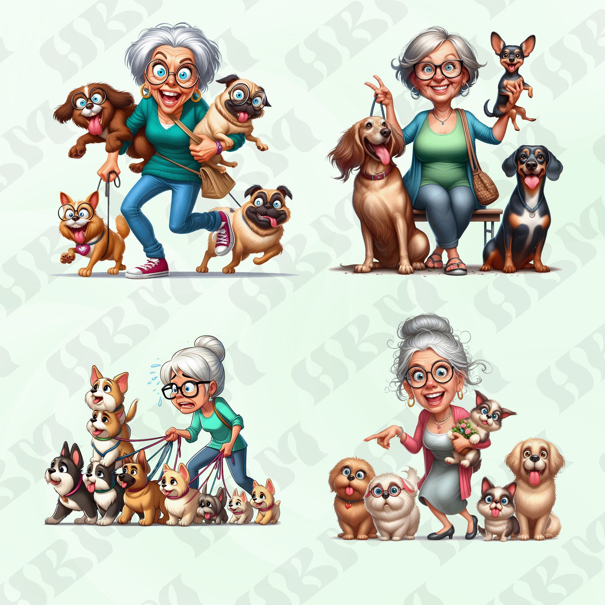 Funny Crazy Dog Lady Clipart Bundle, Witty Stickers, Whimsical Cartoon ...