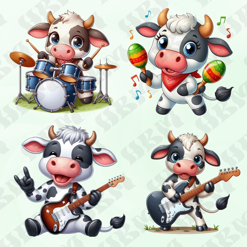 24 Cute Cartoon Cows Playing Instruments Clipart Bundle, Bull Stickers ...