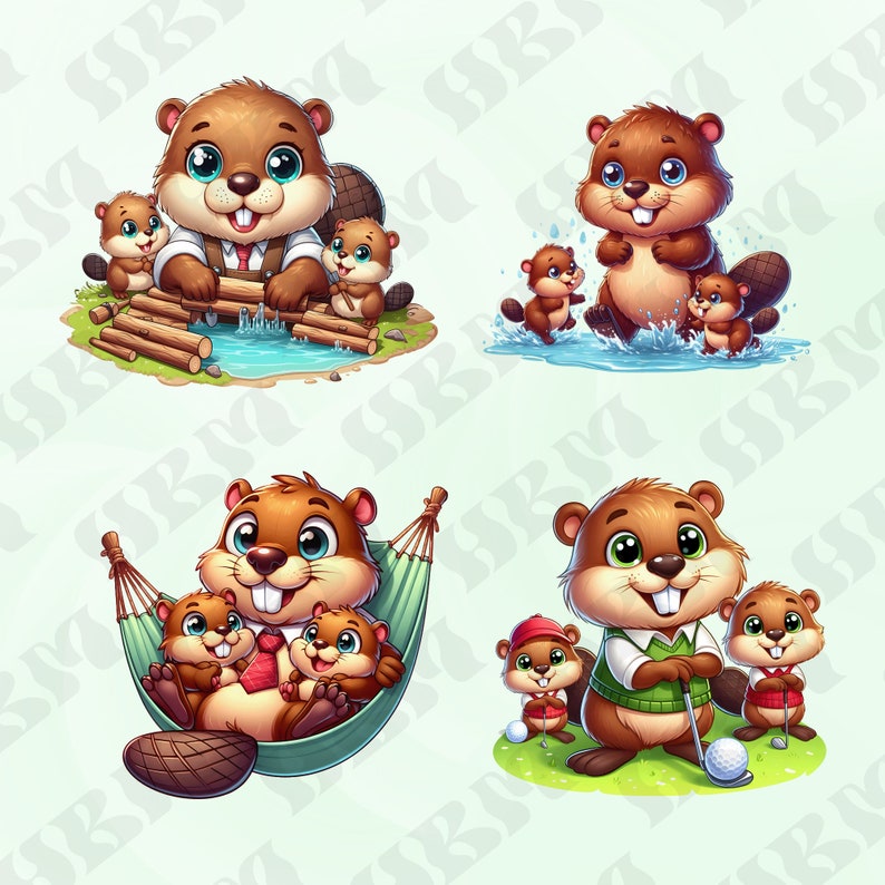 Cute Father's Day Beavers Clipart Bundle, Sweet Cartoon Woodland ...