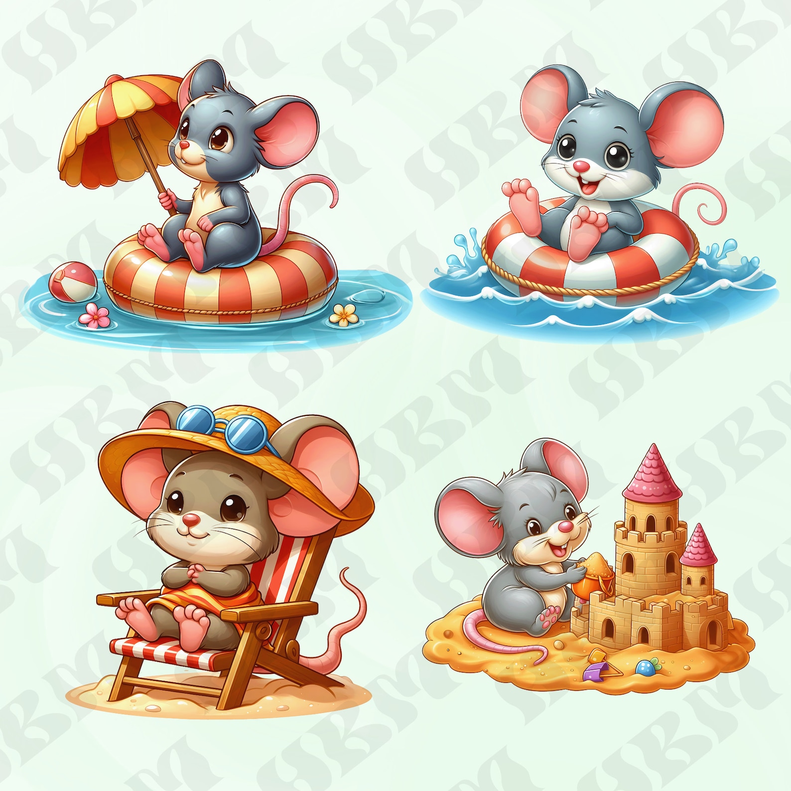 Cute Cartoon Summer Mouse Clipart Bundle, Surf Nursery Decor, Beach ...