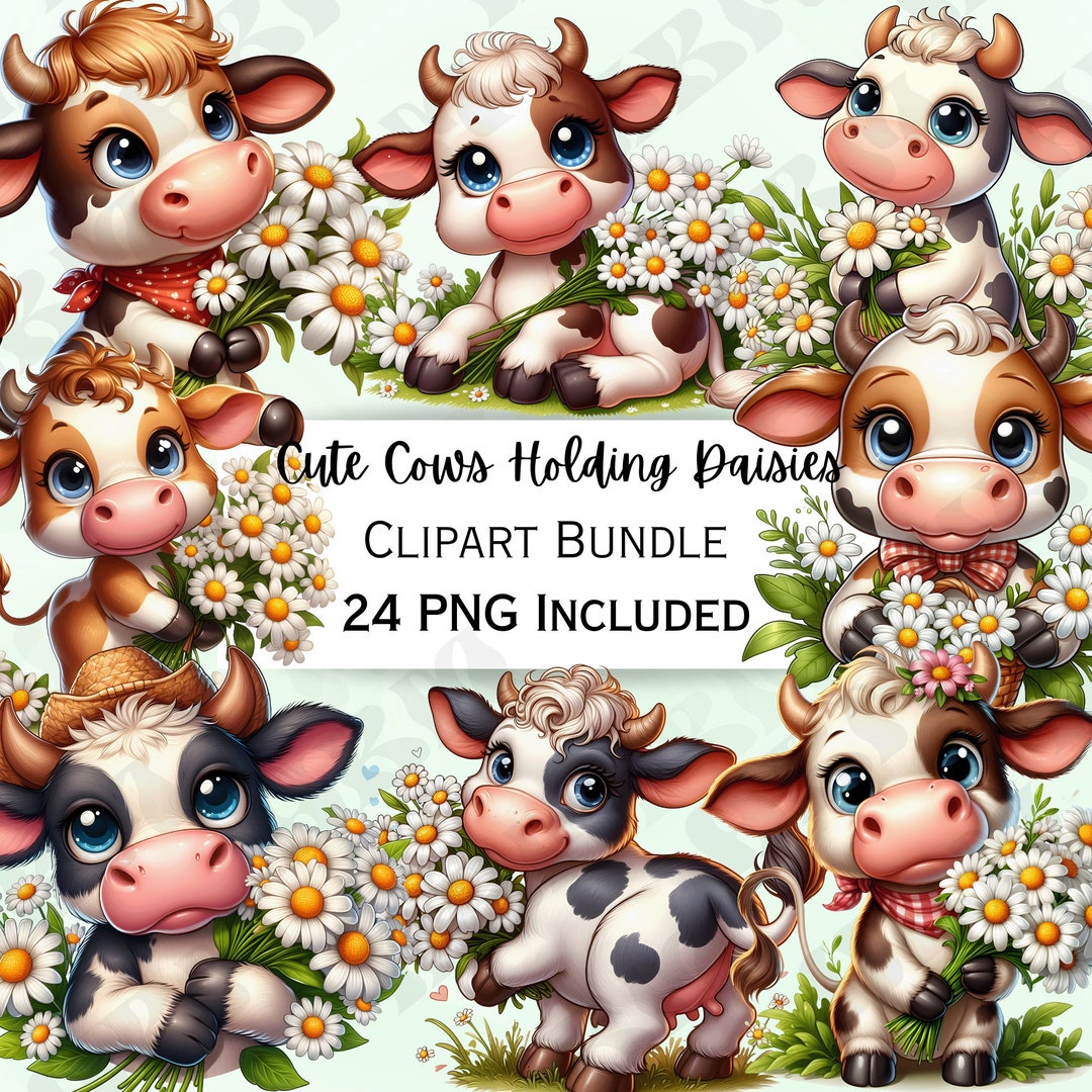 Cute Cows Holding Daisies Clipart Bundle, Bull Stickers, Adorable Wall ...