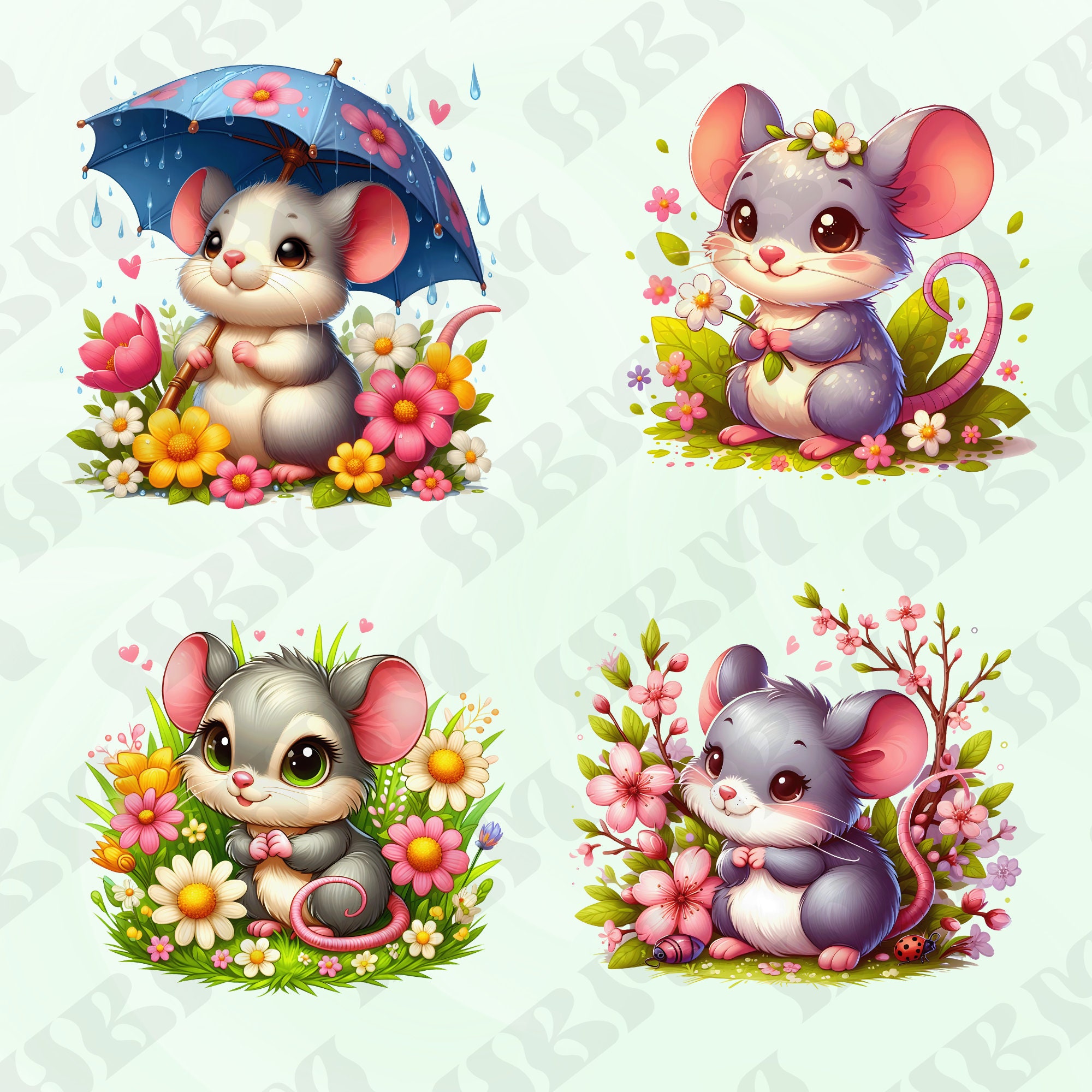 Cute Cartoon Spring Mouse Clipart Bundle, Cheerful Nursery Decor ...