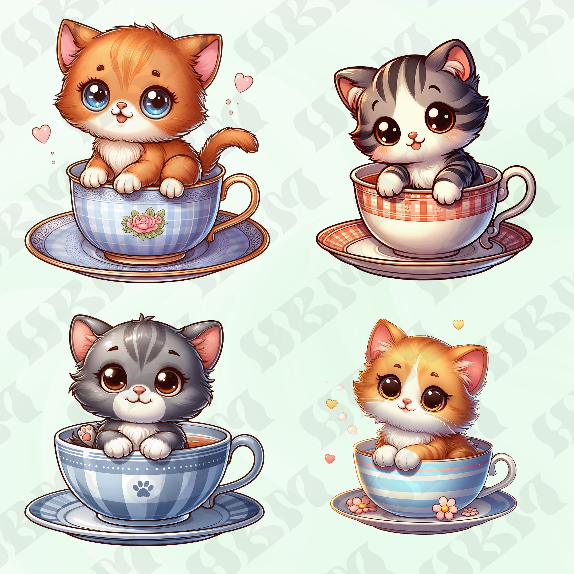 24 Cute Cartoon Teacup Kittens Clipart Bundle, Cats Stickers, Adorable ...
