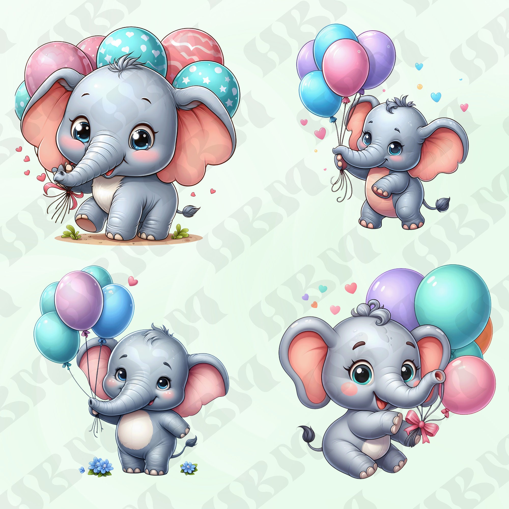 24 Cute Party Elephant Clipart Bundle, Cartoon Balloon Stickers ...