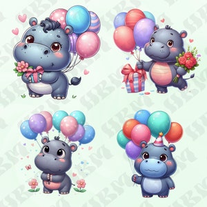 24 Cute Party Hippo Clipart Bundle, Cartoon Balloon Sticker, Adorable ...