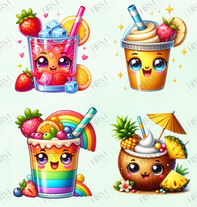Cute Summer Drinks Clipart Bundle, Kawaii Cartoon Smoothies Art, Quirky ...