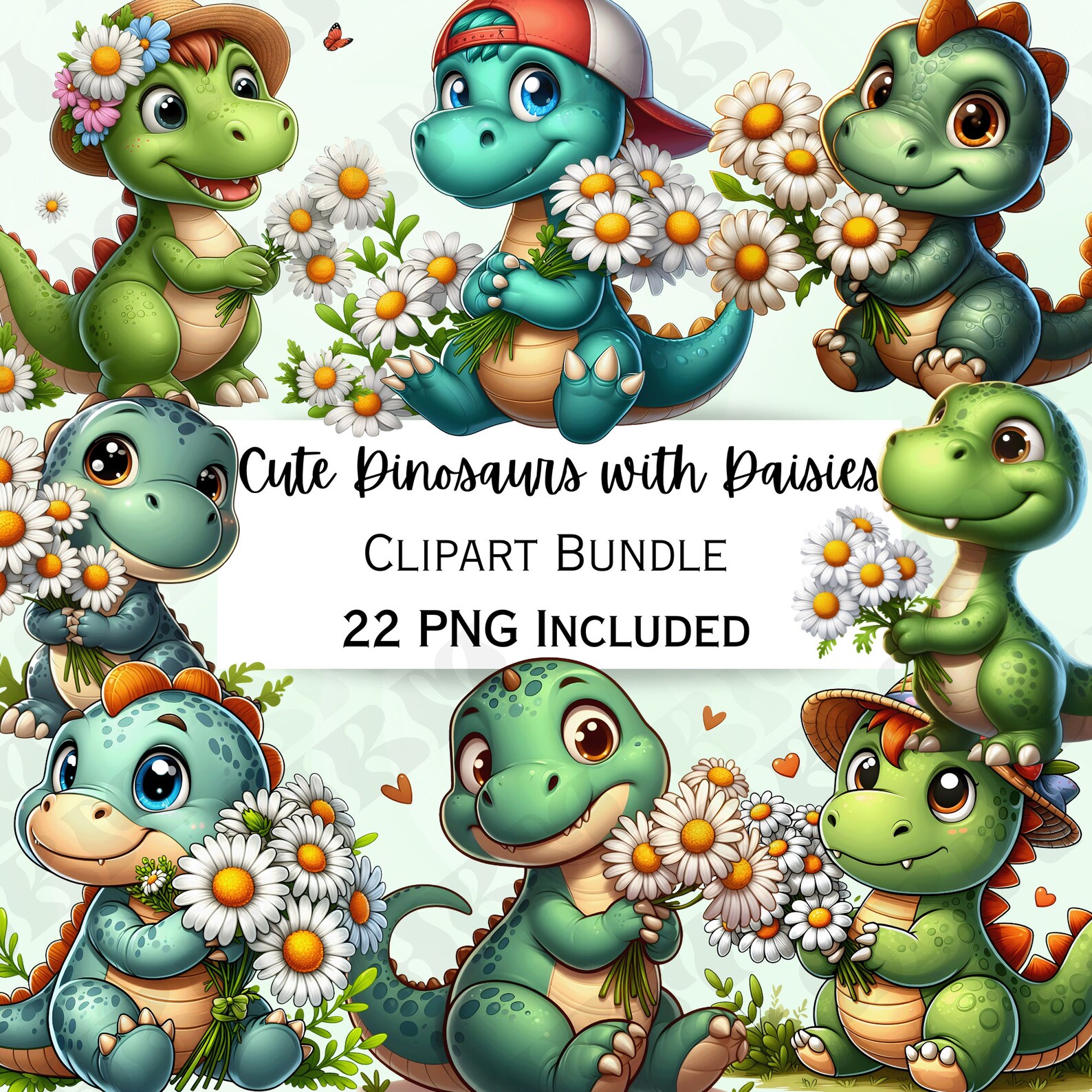 22 Cute Cartoon Dinosaurs Clipart Bundle, Daisies Nursery Decor, Flowers Baby Wall Art ...