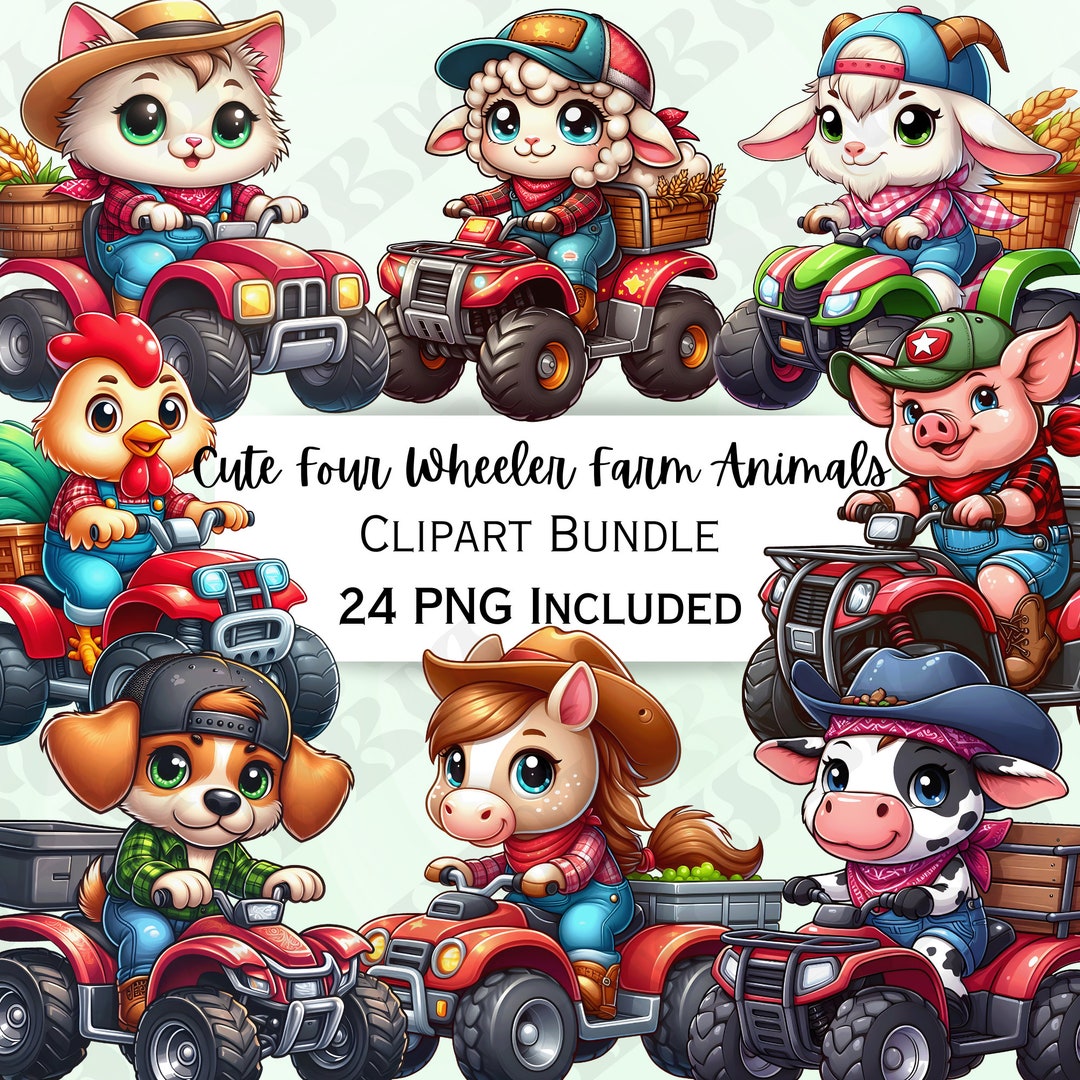 Farm Animals on Four Wheelers Clipart Bundle, Cute Cartoon Sheep ...