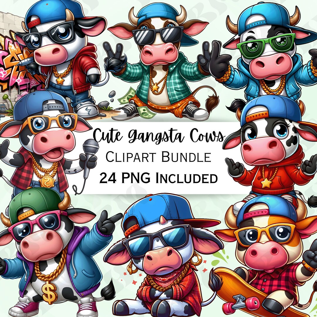 Cute Cartoon Gangsta Cows Clipart Bundle, Funny Attitude Sticker ...