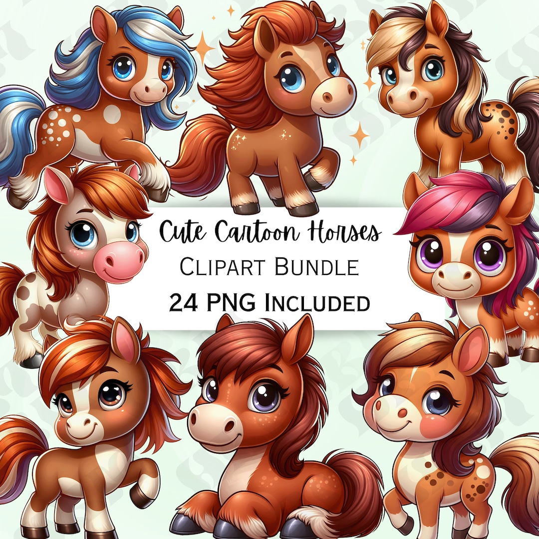 Cute Cartoon Horses Clipart Bundle, Pony Stickers, Adorable Mare Wall ...