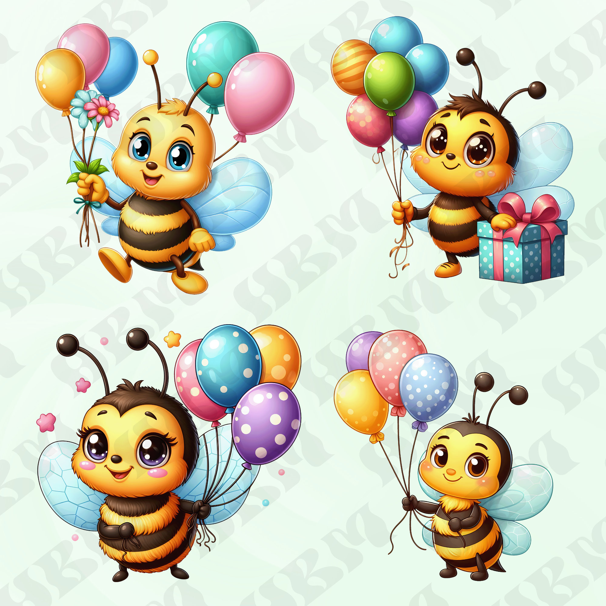 24 Cute Party Bee Clipart Bundle, Cartoon Balloon Sticker, Adorable ...