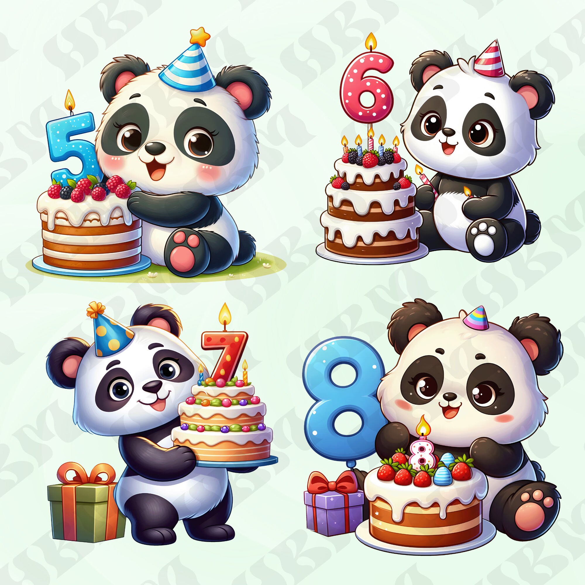 16 Cute Birthday Pandas Clipart Bundle, Cartoon Sticker, Adorable Party ...