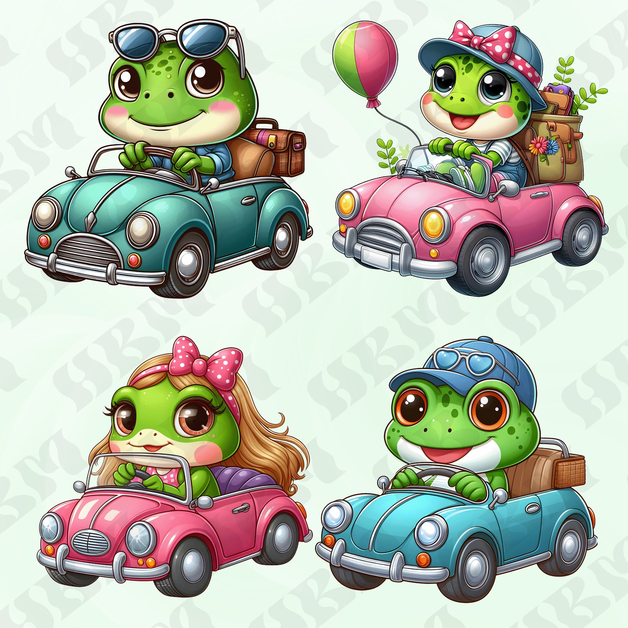 24 Cute Frogs Driving Cars Clipart Bundle, Tadpole Stickers, Adorable ...
