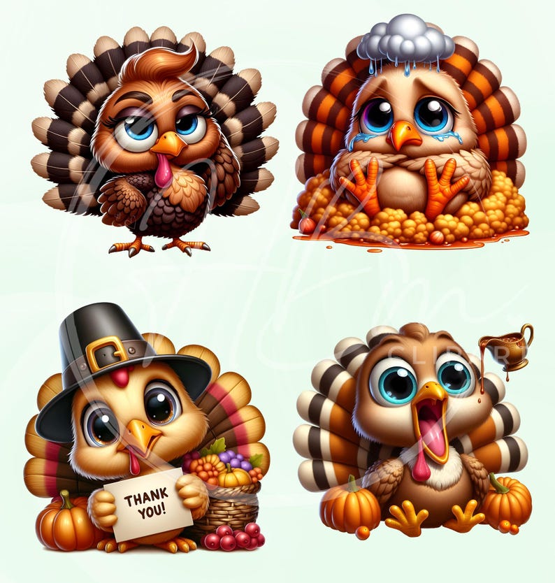 Hilarious Cartoon Turkeys Clipart Bundle, Cute Fall Thanksgiving ...