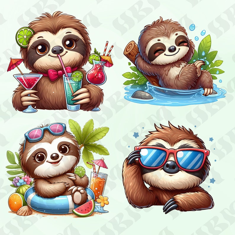 Cute Cartoon Summer Sloth Clipart Bundle, Surf Nursery Decor, Beach ...