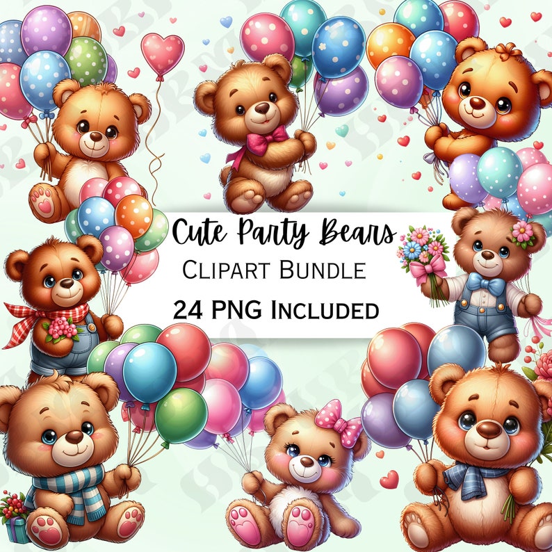 24 Cute Party Teddy Bears Clipart Bundle, Cartoon Balloon Sticker ...