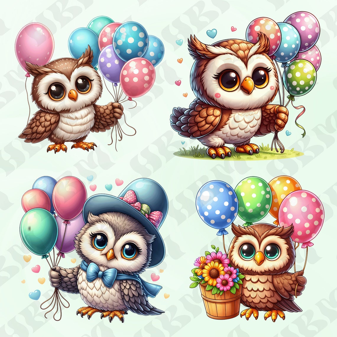 24 Cute Party Owl Clipart Bundle, Cartoon Balloon Sticker, Adorable ...