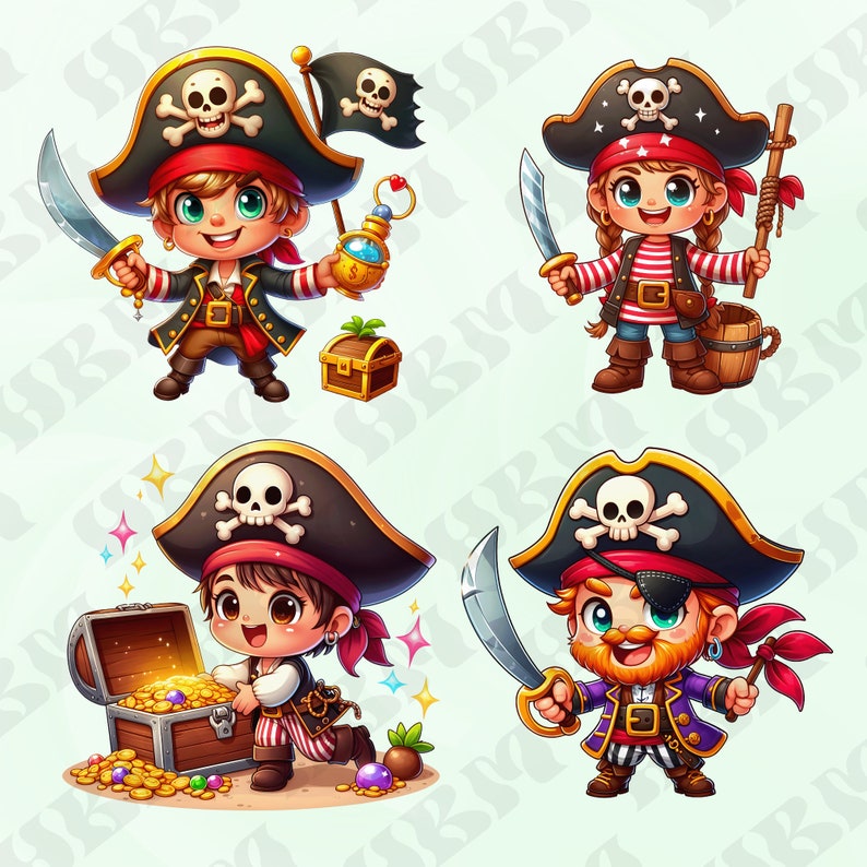 Cute Cartoon Pirate Clipart Bundle, Treasure Chest Sticker, Adorable ...