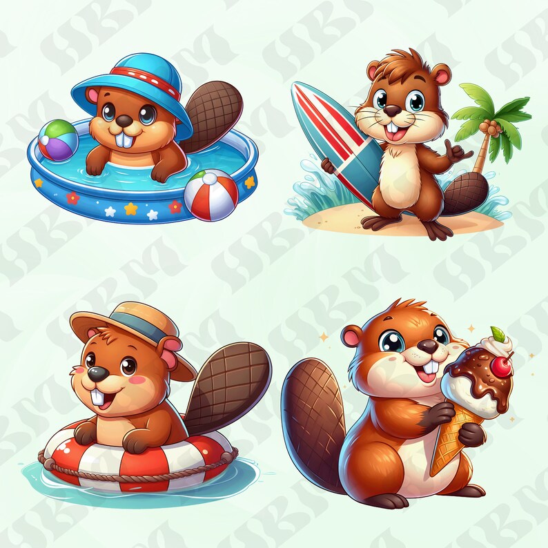Cute Cartoon Summer Beaver Clipart Bundle, Surf Nursery Decor, Beach ...