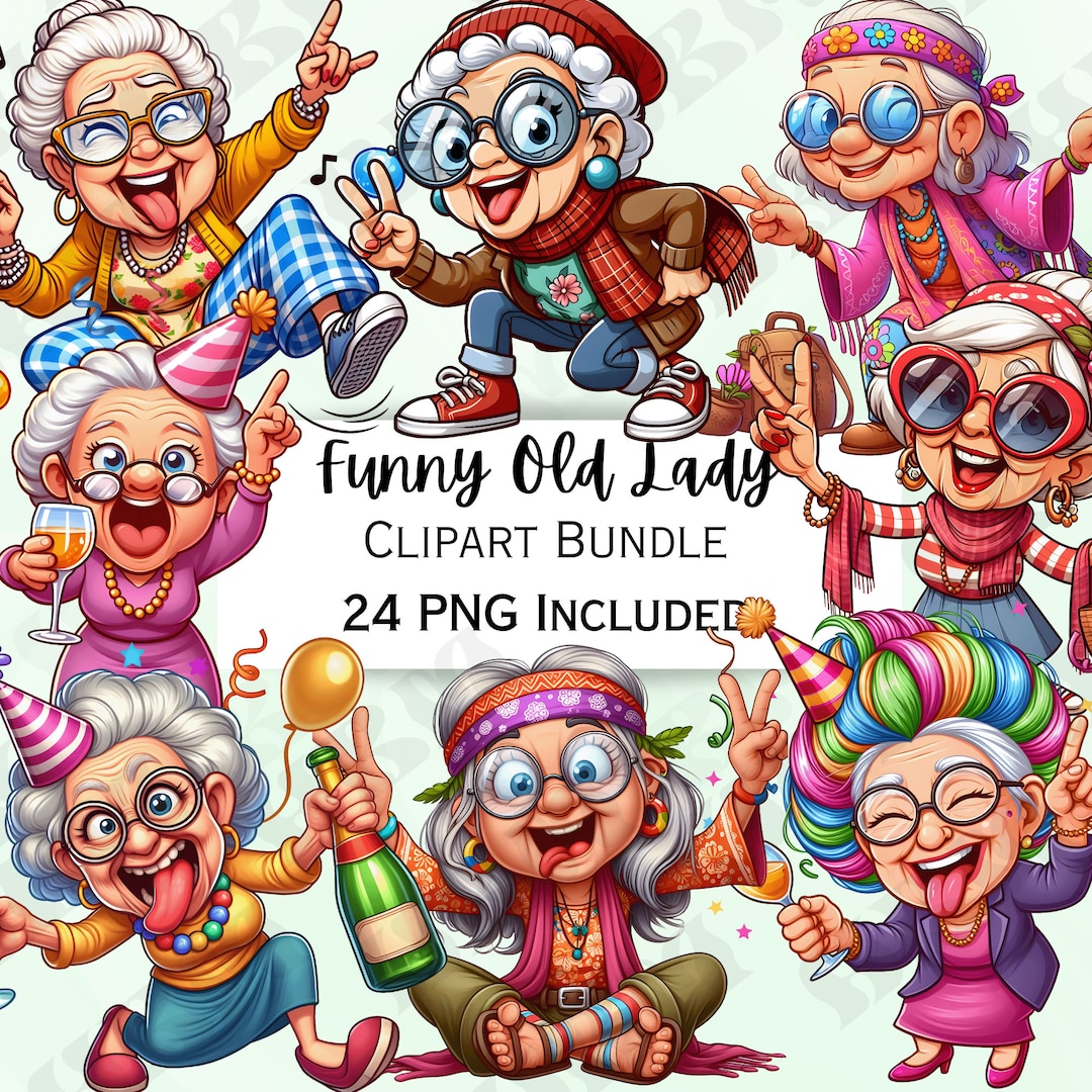 Funny Cartoon Old Ladies Clipart Bundle, Grannie Sticker, Drunk ...