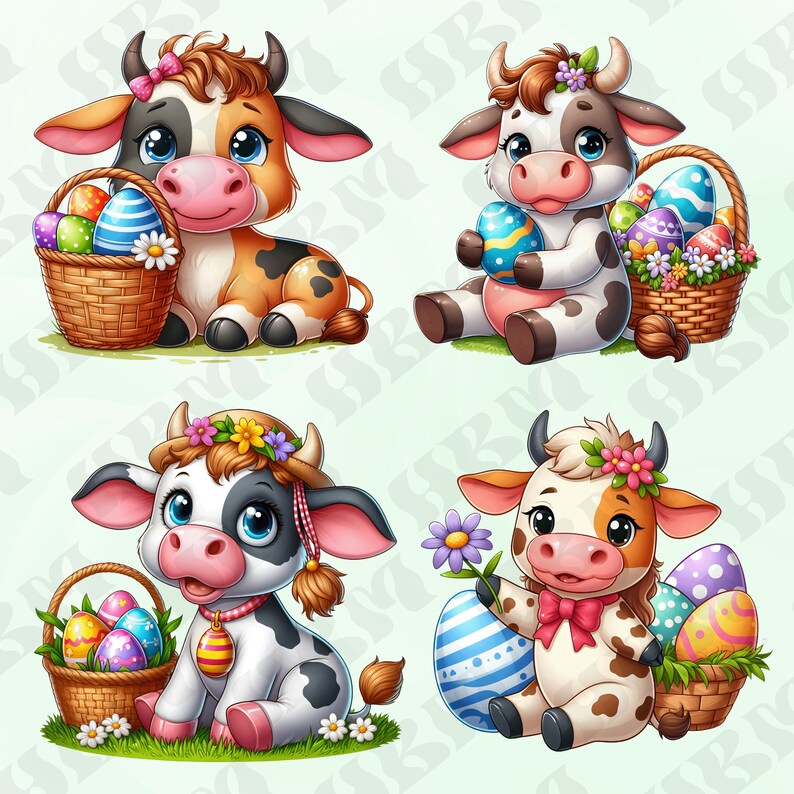 24 Cute Easter Cows Clipart Bundle, Cattle Stickers, Adorable Baby Wall ...