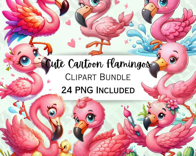 24 Cute Cartoon Flamingos Clipart Bundle, Bird Nursery Decor, Adorable ...