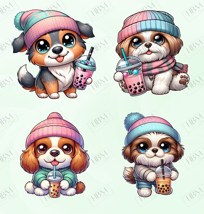 Cute Bubble Tea Puppies Clipart Bundle, Cartoon Boba Tea Nursery Decor ...