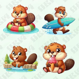 Cute Cartoon Summer Beaver Clipart Bundle, Surf Nursery Decor, Beach ...