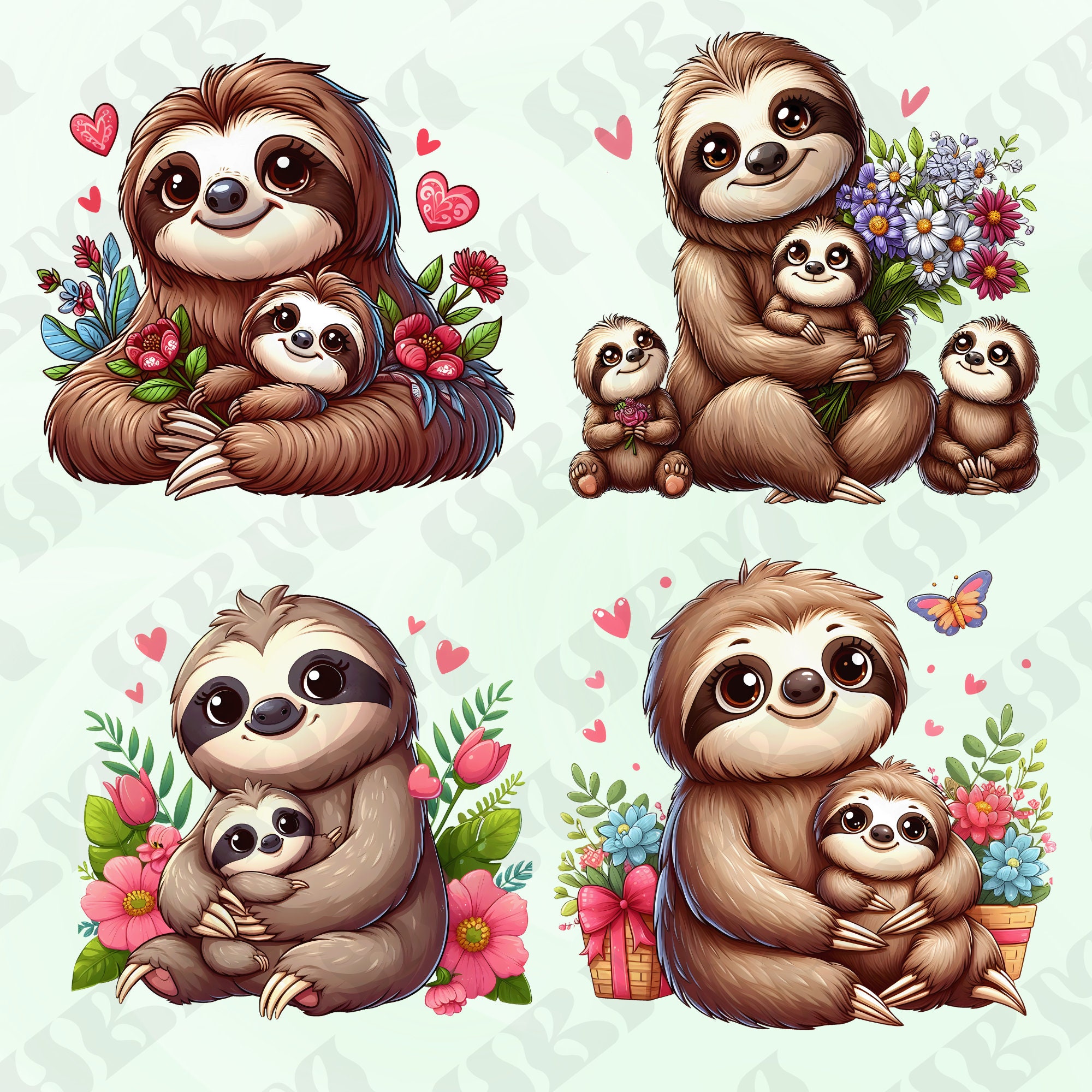 24 Cute Mother's Day Sloths Clipart Bundle, Cartoon Balloon Sticker ...