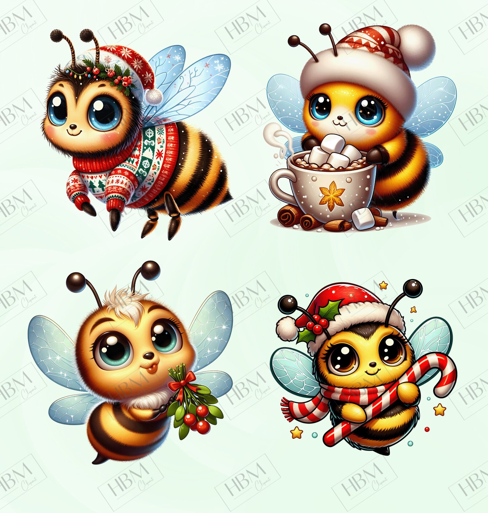 Cute Cartoon Christmas Bees Clipart Bundle, Festive Baby Animal Sticker ...