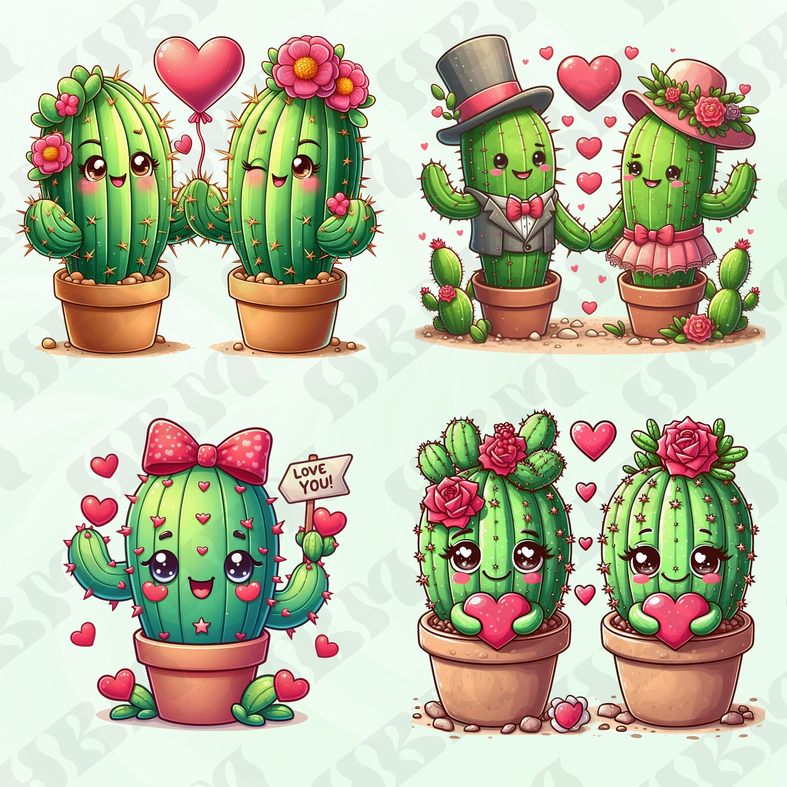 24 Cute Valentines Day Cactus Clipart Bundle, Cacti Card Making, Plant ...