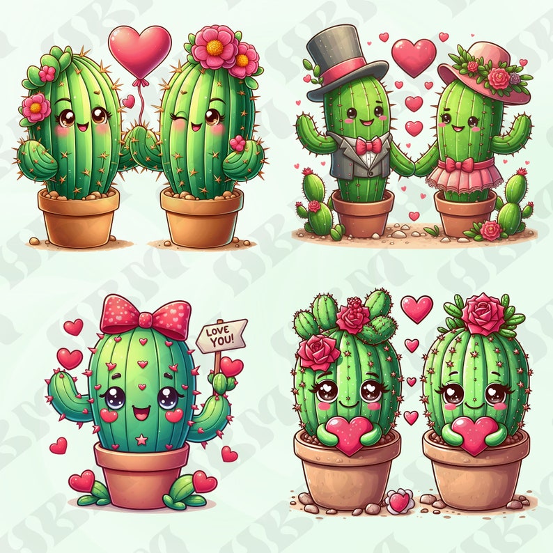 24 Cute Valentines Day Cactus Clipart Bundle, Cacti Card Making, Plant ...