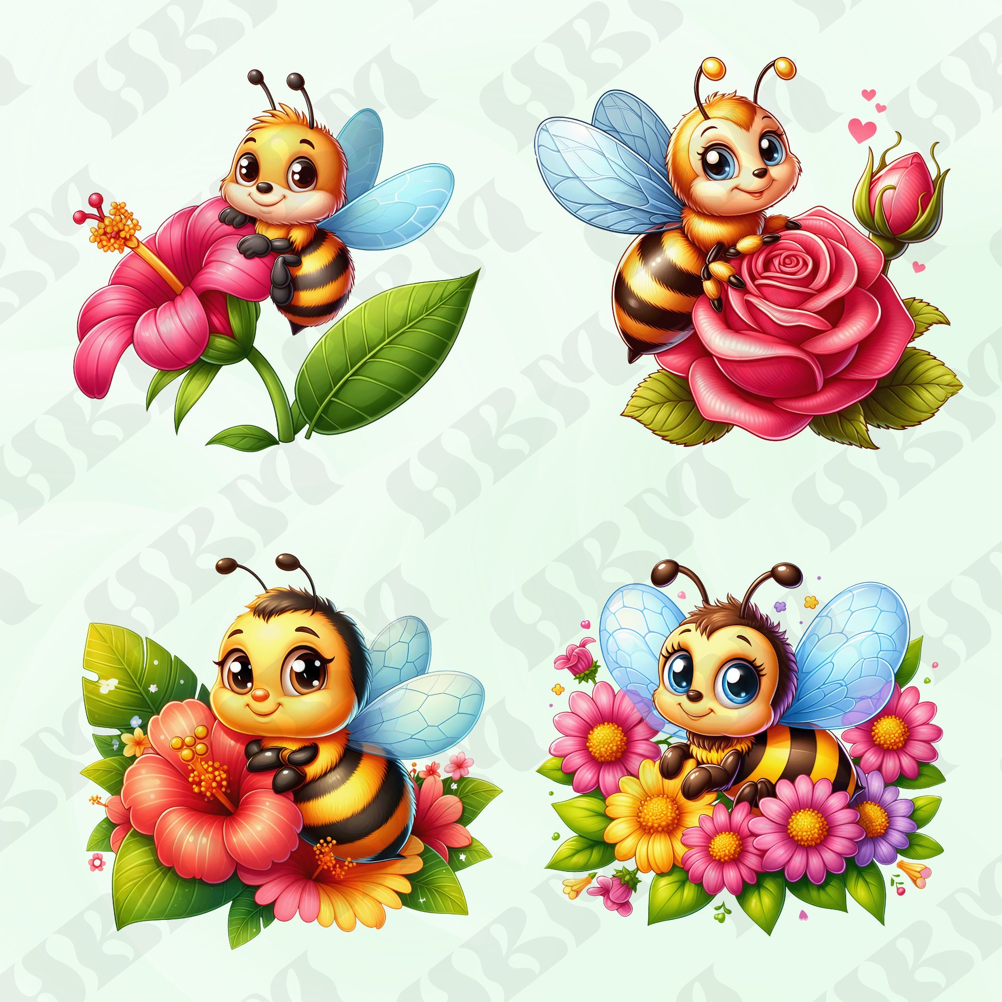 24 Cute Cartoon Spring Bees Clipart Bundle, Daisies Nursery Decor, Flowers Baby Wall Art, Insect ...
