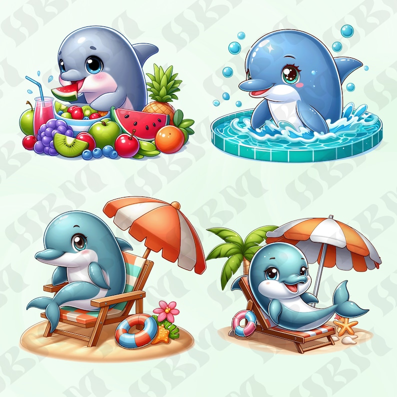 Cute Cartoon Summer Dolphin Clipart Bundle, Surf Nursery Decor, Beach ...