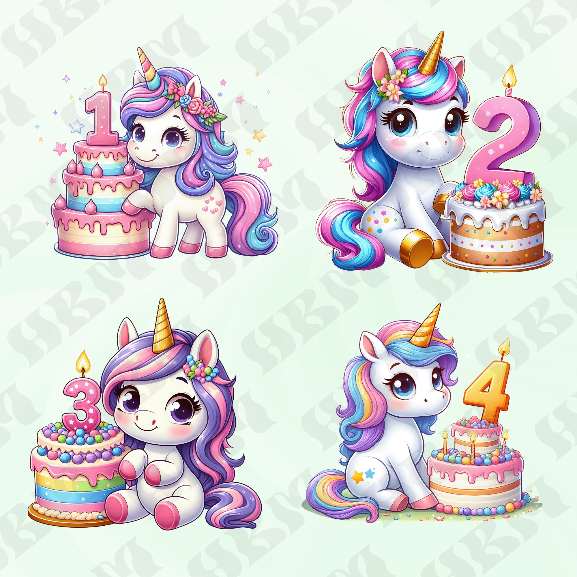 16 Cute Birthday Unicorn Clipart Bundle, Cartoon Sticker, Adorable ...