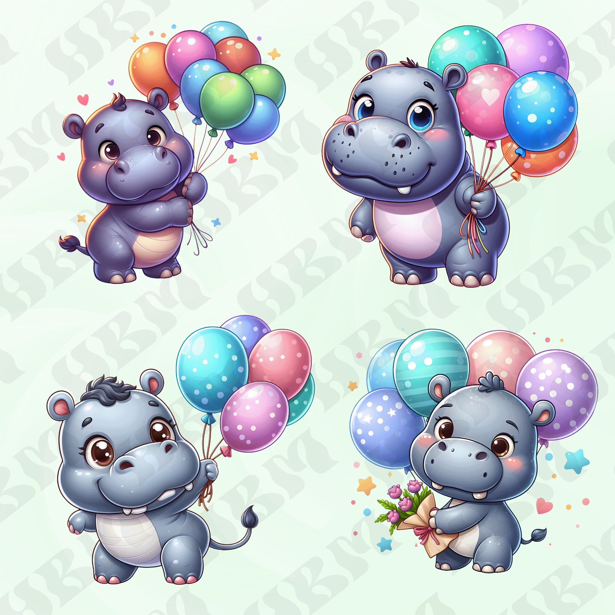24 Cute Party Hippo Clipart Bundle, Cartoon Balloon Sticker, Adorable ...