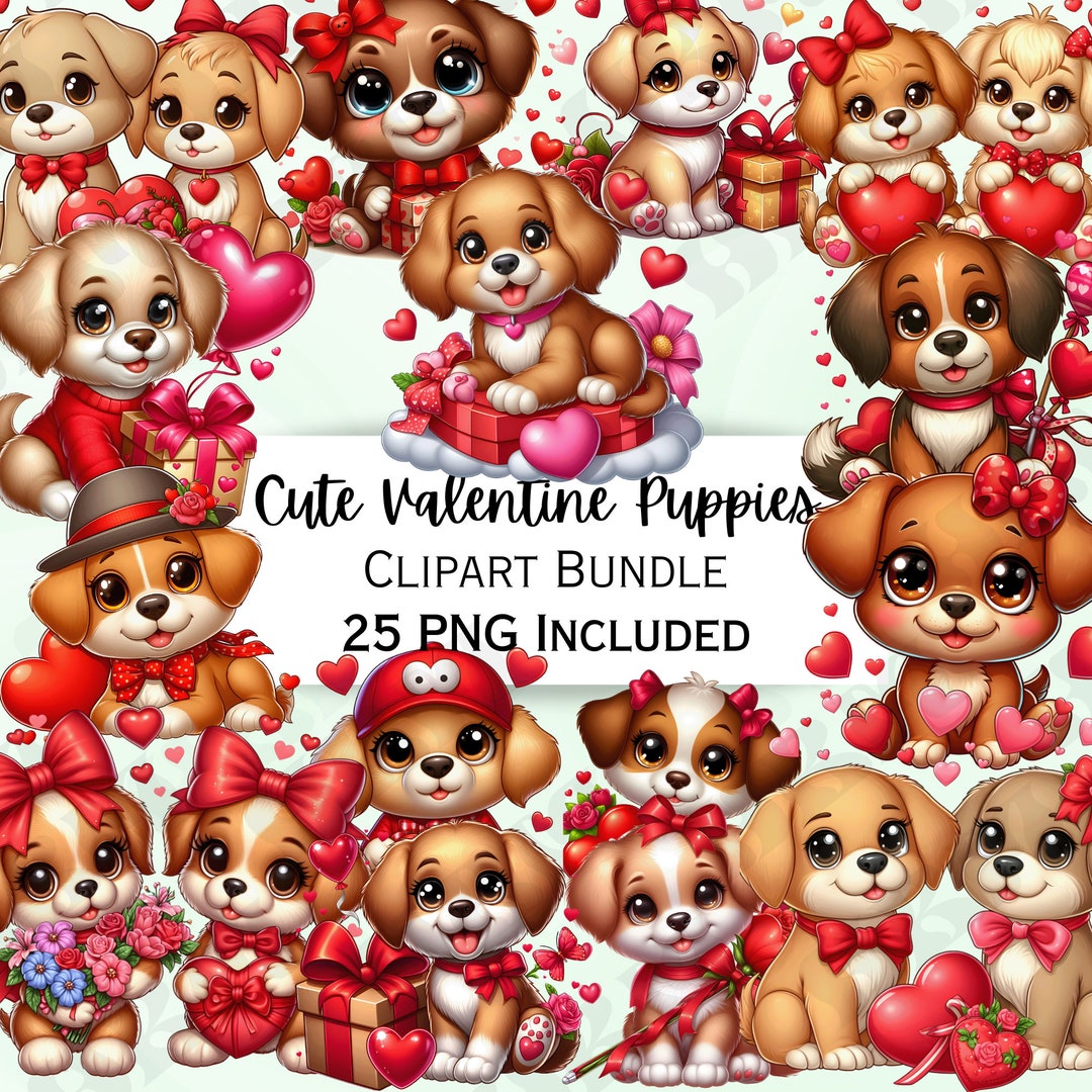 25 Cute Valentines Day Puppy Clipart Bundle, Dog Card Making, Cuddly ...