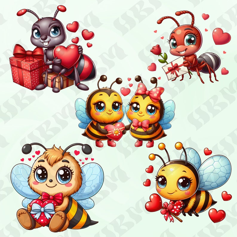 25 Cute Valentines Day Insects Clipart Bundle, Bee Cat Stickers ...