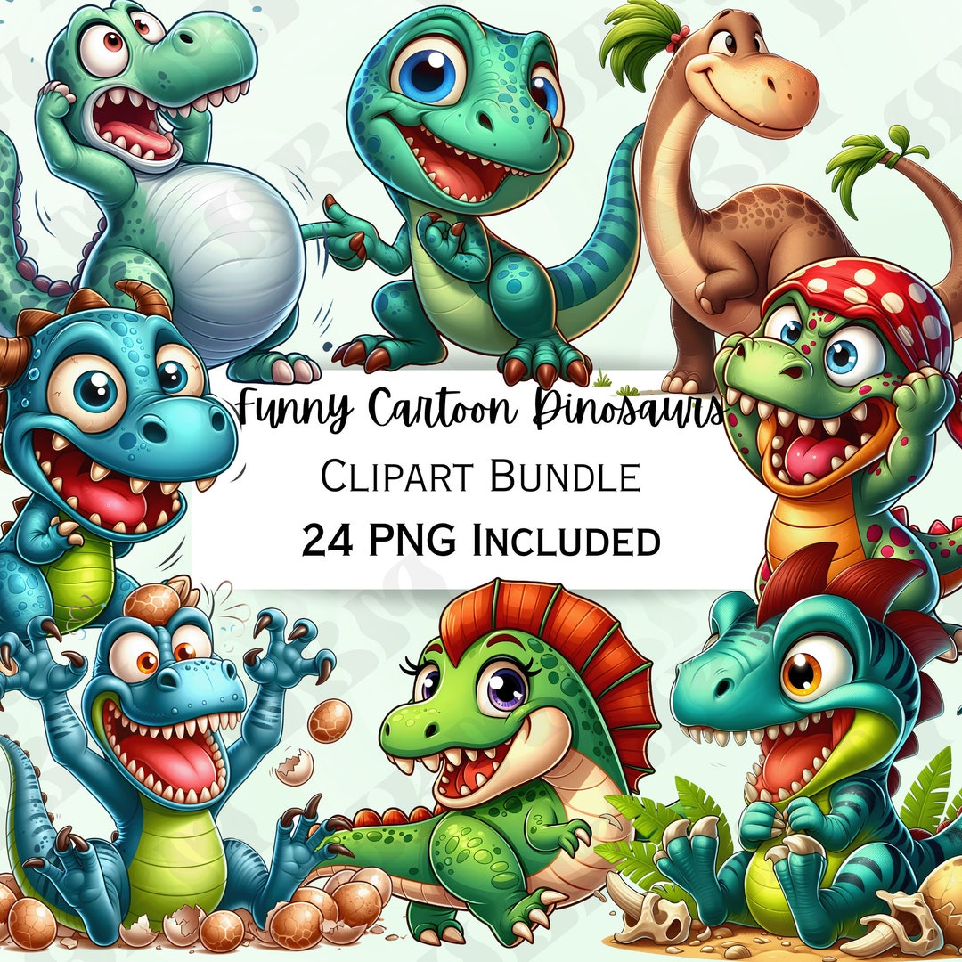 Cute Funny Cartoon Dinosaurs Clipart Bundle, Witty Stickers, Adorable ...