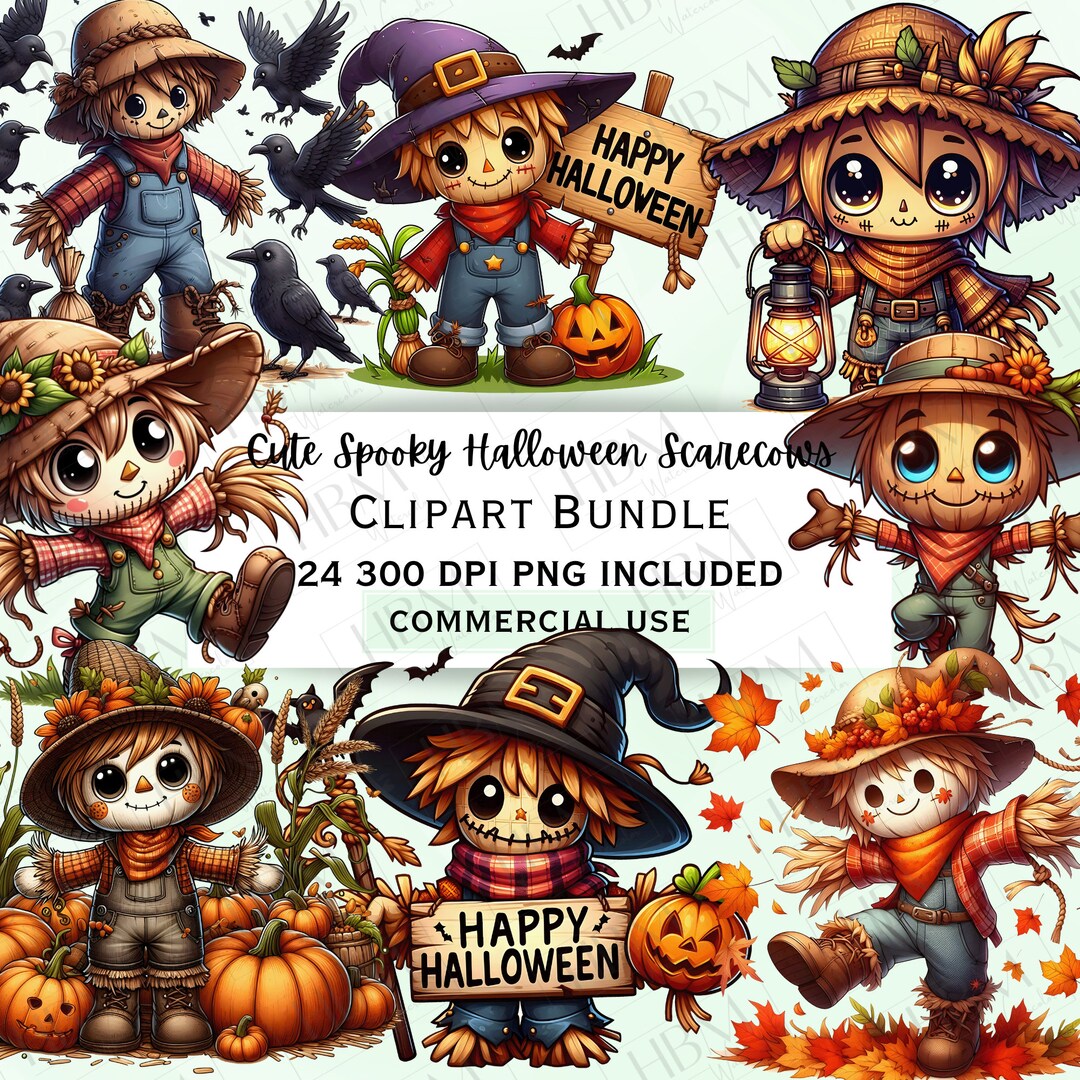 Cute Cartoon Halloween Scarecrows Clipart Bundle, Spooky Festive ...