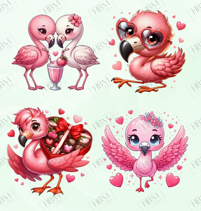 Cute Cartoon Valentine's Flamingo Clipart Bundle, Funny Bird Sticker ...
