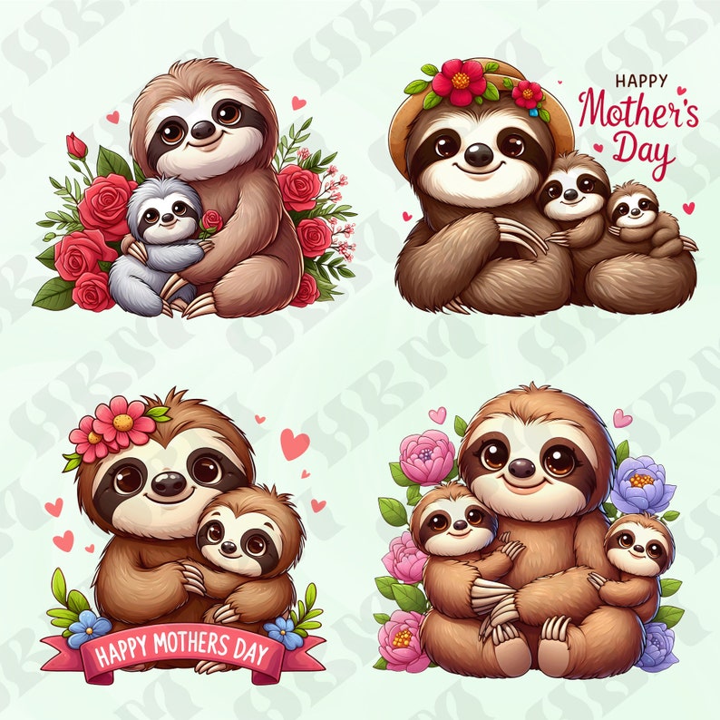 24 Cute Mother's Day Sloths Clipart Bundle, Cartoon Balloon Sticker ...