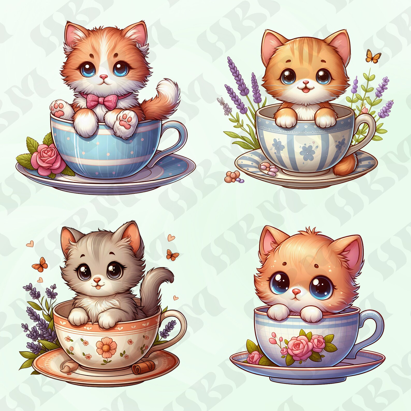 24 Cute Cartoon Teacup Kittens Clipart Bundle, Cats Stickers, Adorable ...