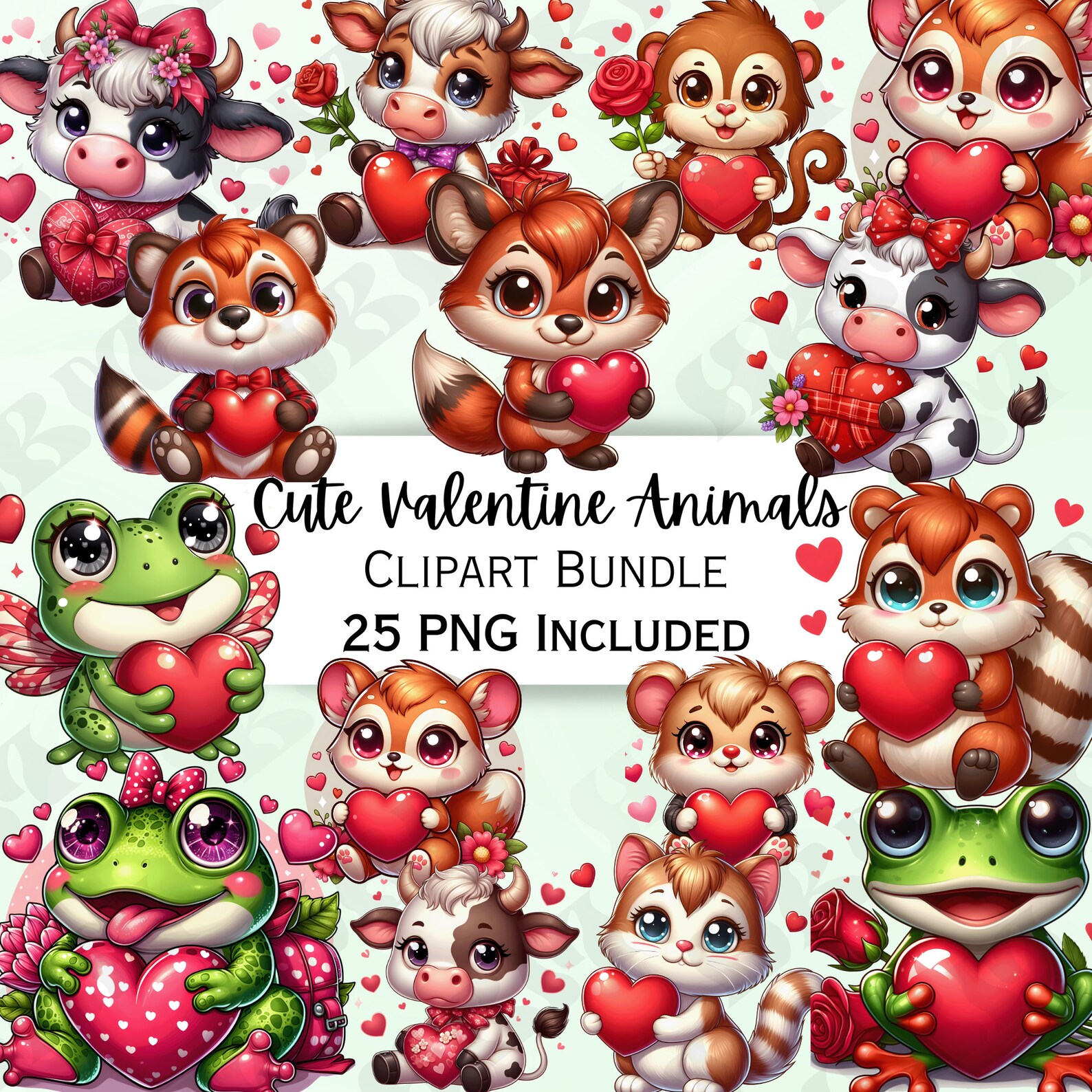25 Cute Valentine Animals Clipart Bundle, Cow Card Making, Frog Baby ...