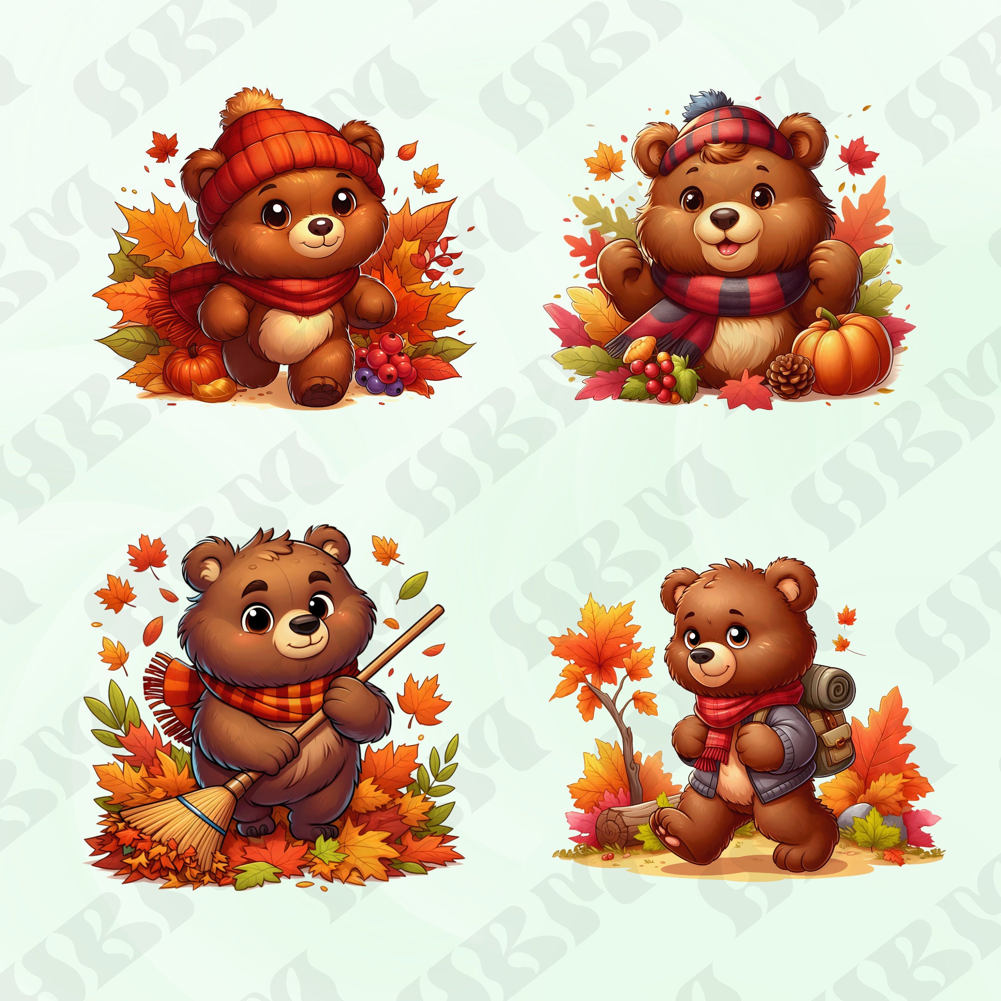 Cute Cartoon Autumn Bears Clipart Bundle, Fall Nursery Decor, Leaves ...